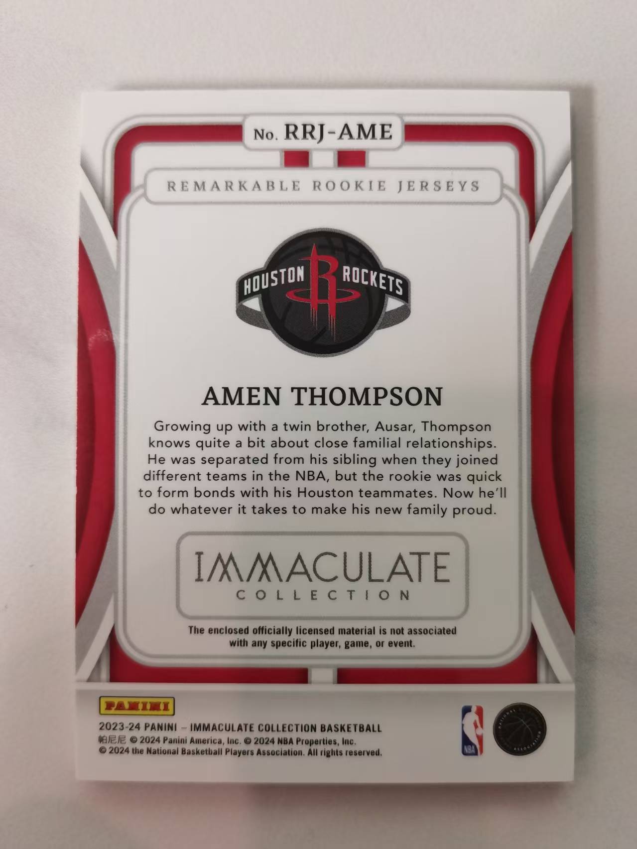 2023-24 Panini Immaculate Amen Thompson RC 【赛卡代卖】IMM火箭 新秀 阿门 汤普森 10/10编 ...