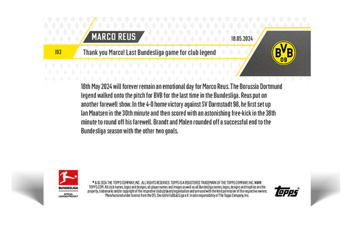 2024 Topps Now Marco Reus 罗伊斯 小火箭 多特蒙德 传奇 联赛最后一轮 在多特的最后一场德甲联赛 告别多特 时刻记录 ...
