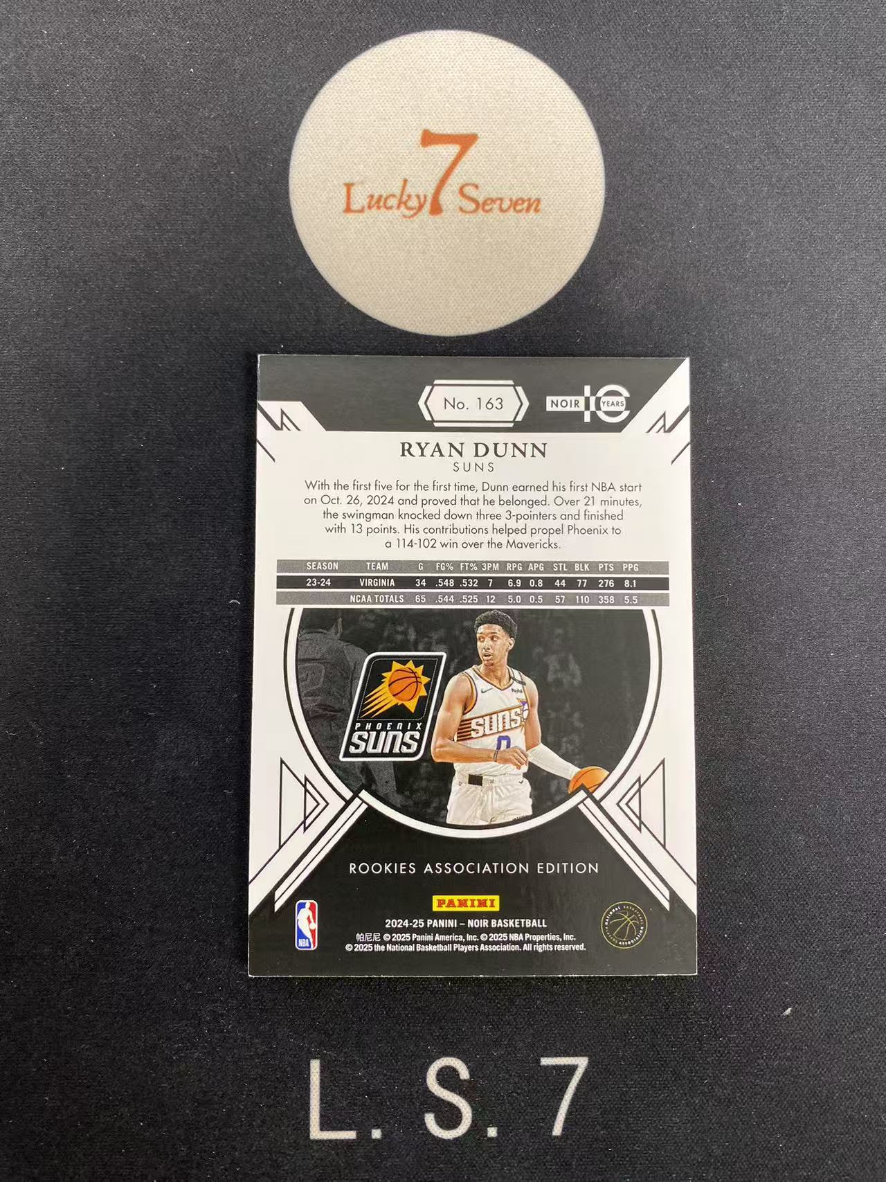 2024-25 Panini Noir Ryan Dunn RC LS7拍卖 诺尔 太阳 新秀 瑞安 邓恩 03/10 新秀 BASE YWY1 卡淘