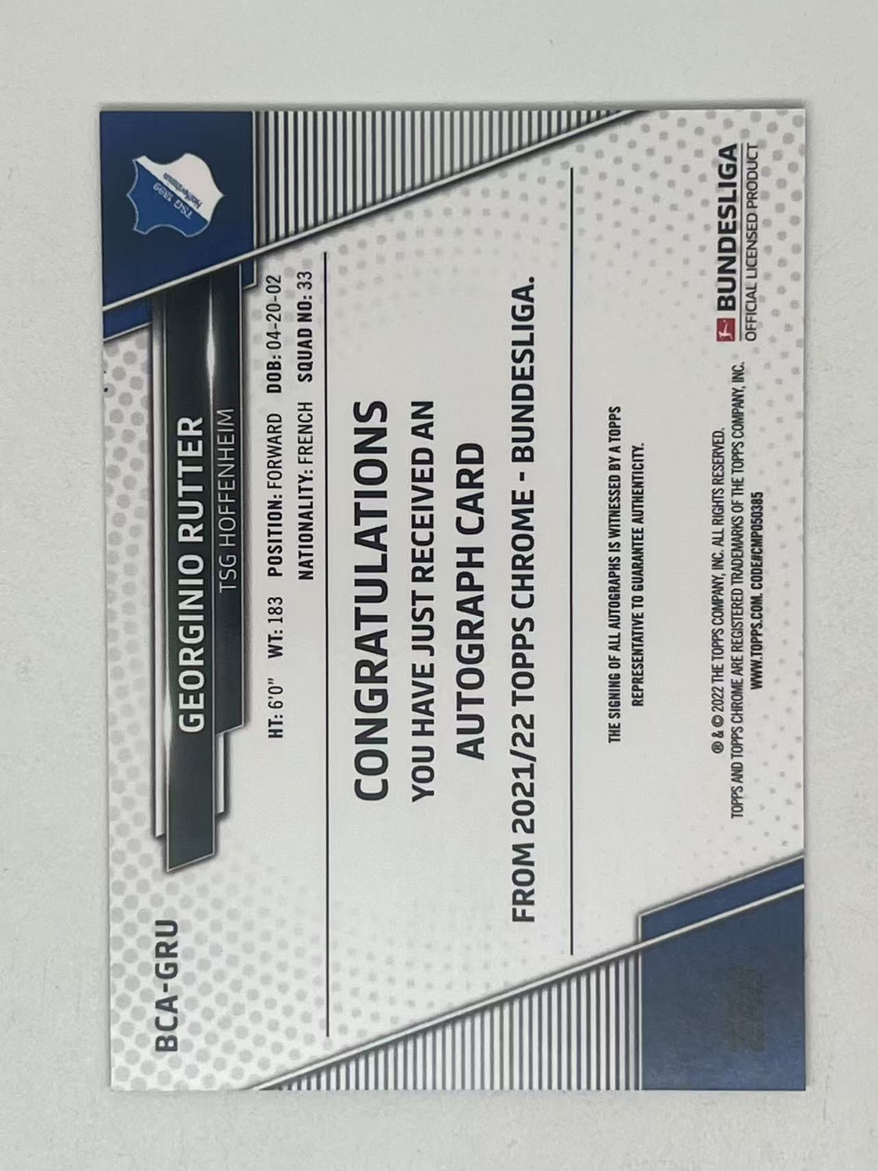 【宁动拍卖】2023 Topps Chrome Georginio Rutter RC 德甲TC 霍芬海姆 乔吉尼奥 鲁特尔 银折 折射 签名 ...
