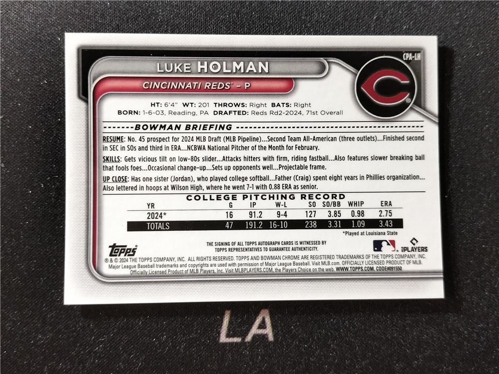 【LA拍卖】2024 Topps Bowman Chrome Luke Holman 棒球系列 1st 新秀RC 卢克 霍尔曼 辛辛那提红人队 ...