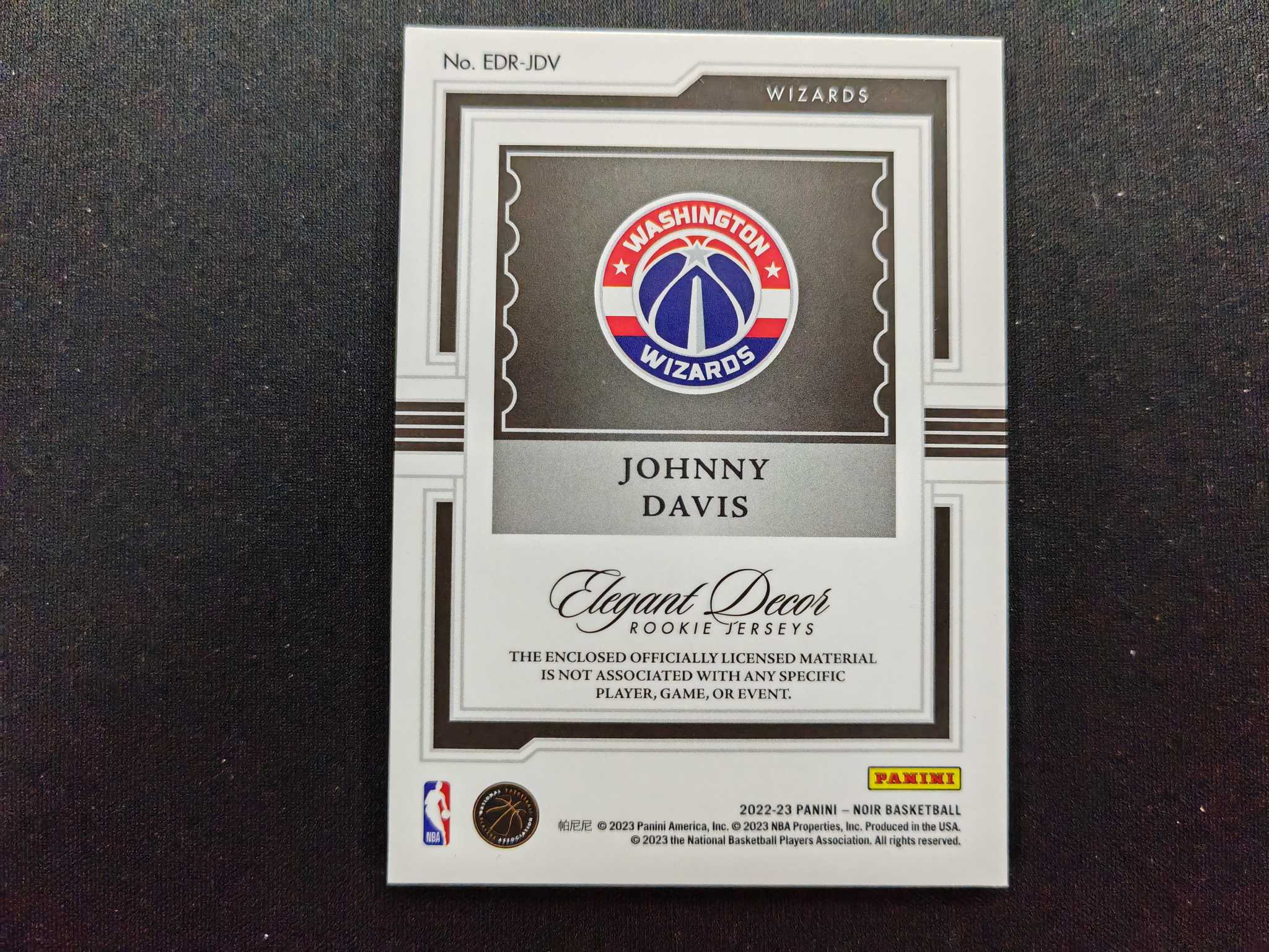 2022-23 Panini Noir Johnny Davis RC SC球星卡 奇才 新秀 约翰尼戴维斯 球衣 物料 25编 卡品如图收藏 ...