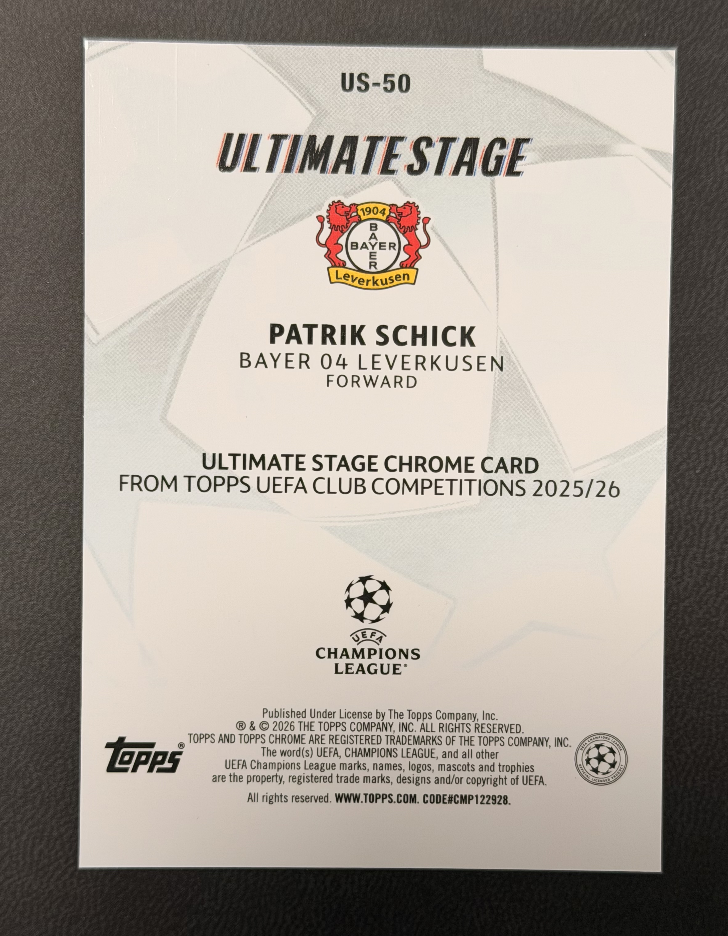2026 Topps UCC Patrik Schick 欧冠 希克 勒沃库森 罗马 捷克 球衣 物料 签字 绿折 折射 /99编 亲穿 PW ...