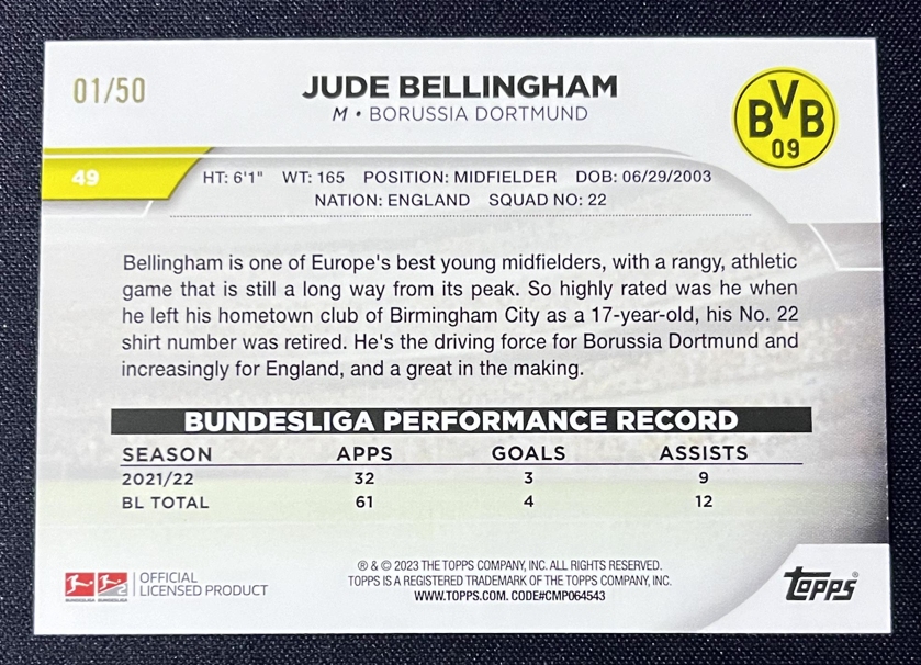 2022-23 Topps - Jude Bellingham 老米拍卖EE037 德甲碧玉 多特蒙德 贝林厄姆 金折 黄玉折 折射base ...
