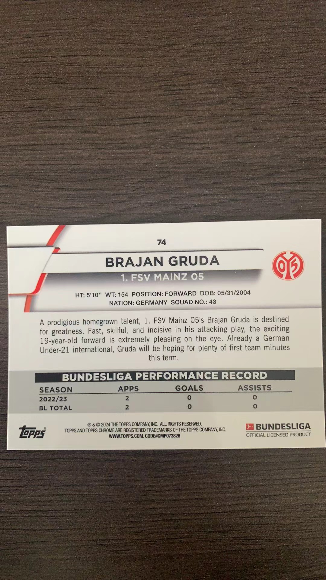 （小马）2023-24 Topps Chrome 德甲蓝宝石 BRAJAN GRUDA RC 新秀 布拉扬 格鲁达 美因茨 10/50编 金碎 ...