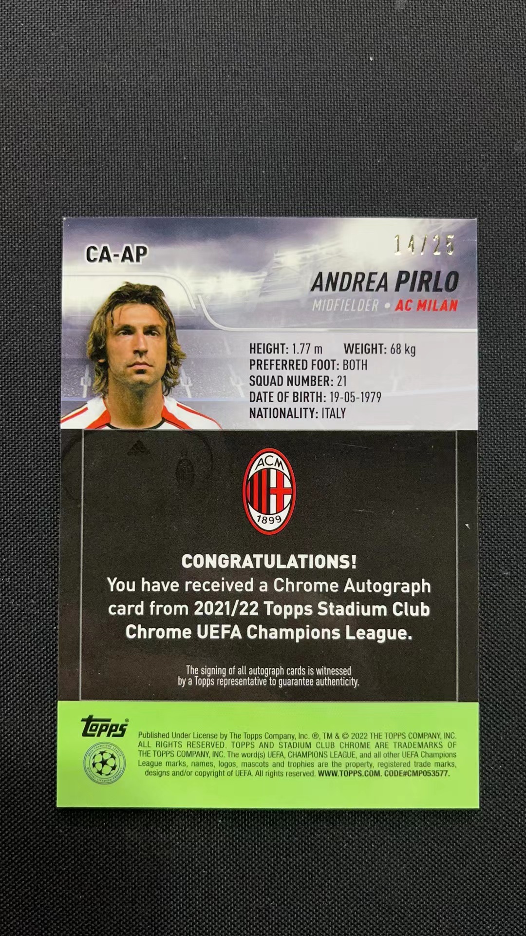 2022 Topps Stadium Club Chrome Andrea Pirlo 【云霄代卖】topps 竞技场 AC米兰 皮尔洛 橙折 ...