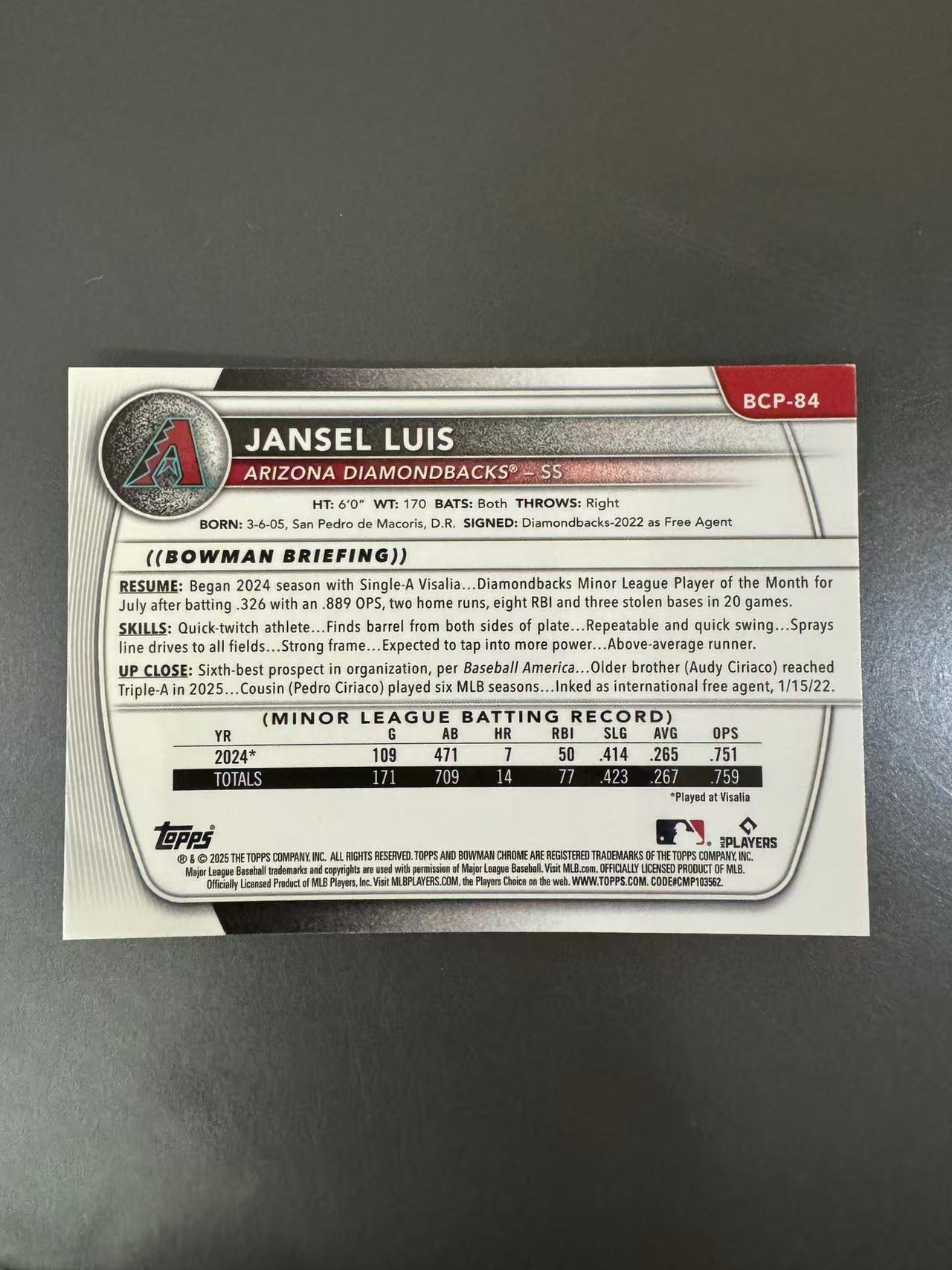 2025 Topps Bowman Jansel Luis RC 棒球 Milb 亚利桑那响尾蛇 詹塞尔 路易斯 爬虫折 卡品如图 凑套收藏 卡淘