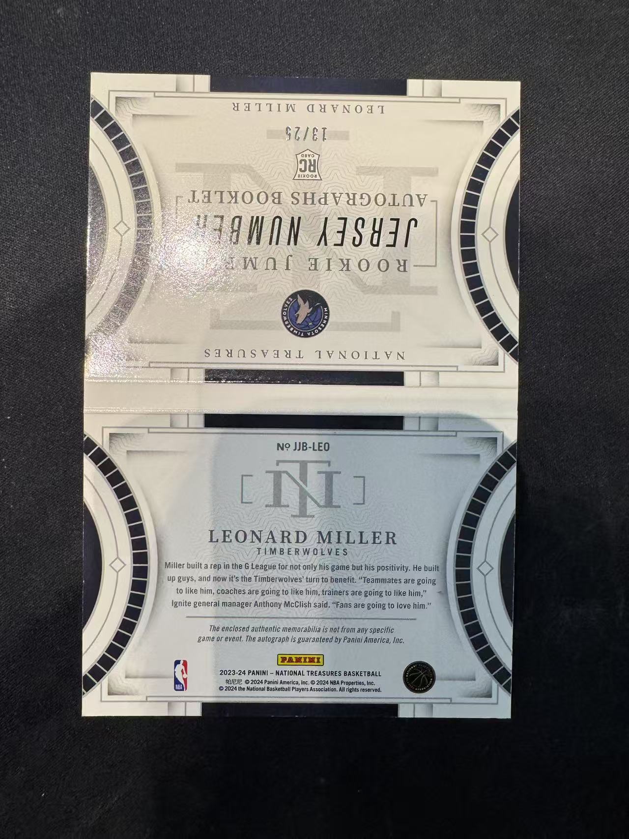 2023-24 Panini National Treasures Leonard Miller RC 伦纳德 米勒 新秀 /25 国宝 小书 ...