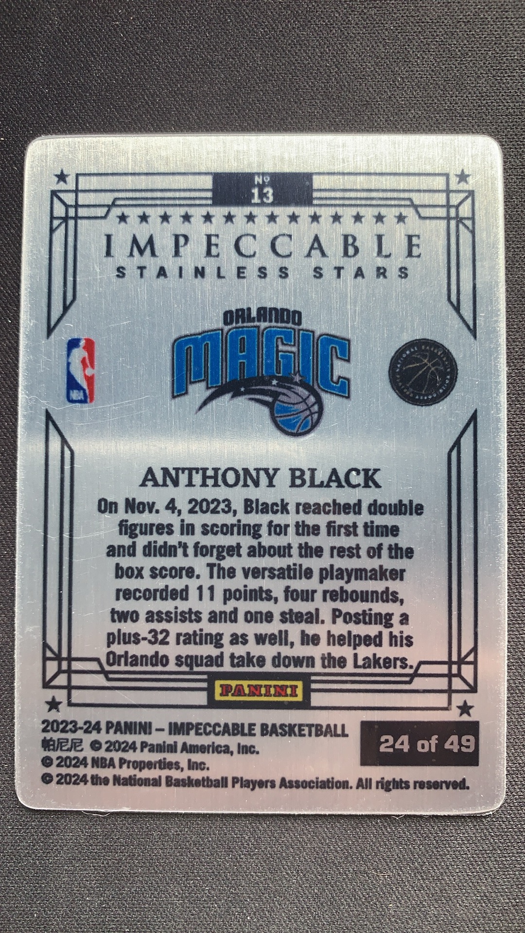 2023-24 Panini Impeccable Anthony Black RC 《交换大叔 LL10》安东尼 布莱克 魔术新秀 小真金 ...