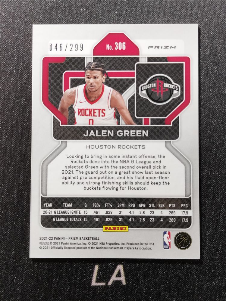 【LA拍卖】2021-22 Panini Prizm Jalen Green 新秀RC 杰伦 格林 火箭队 榜眼秀 太阳 正新秀 Base 红折 /299编 DAPY 卡淘