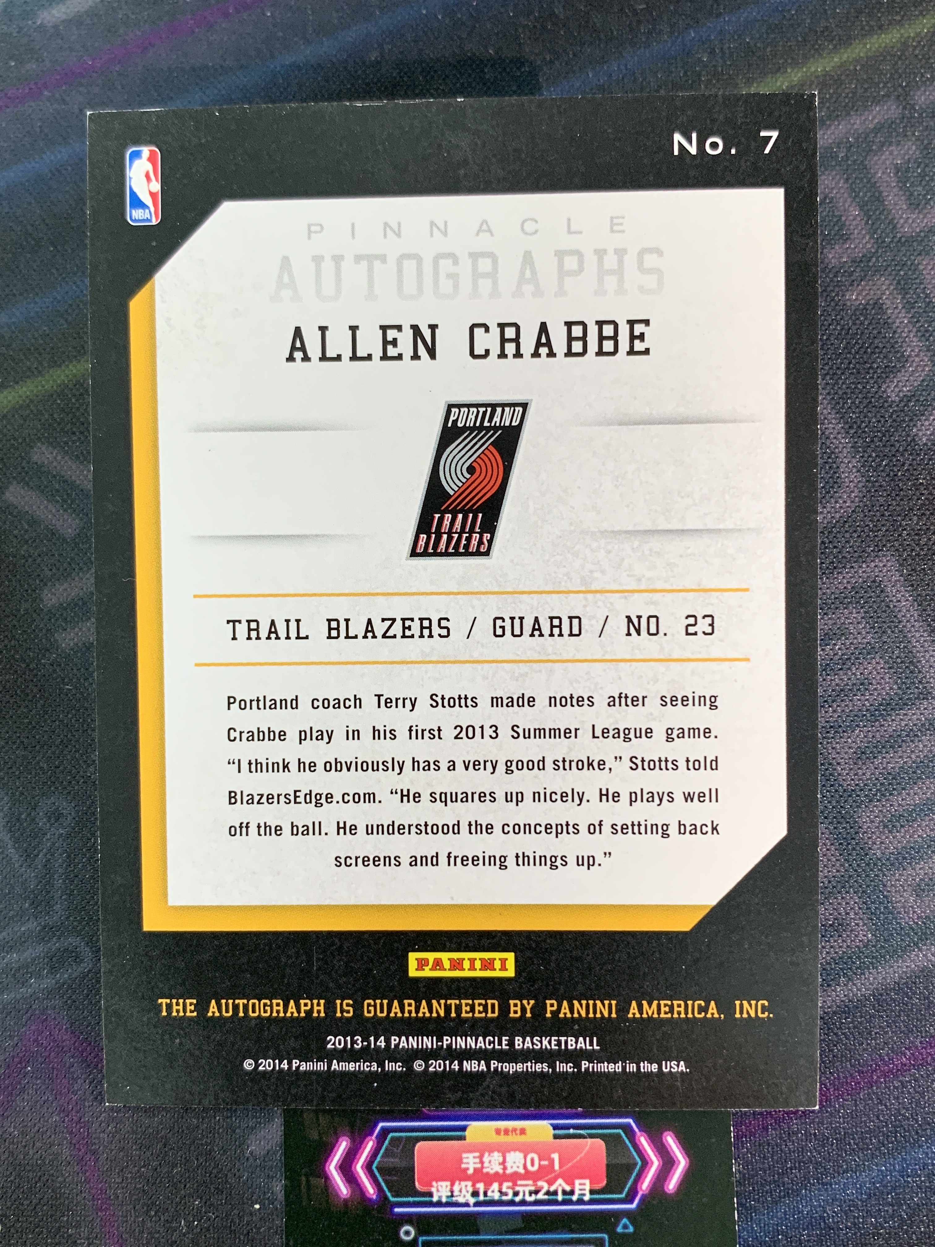 【逸潮玩】2013-14 Panini Pinnacle Allen Crabbe Rc 开拓者 新秀 阿伦 布拉克 签名签字 白边微瑕 ...