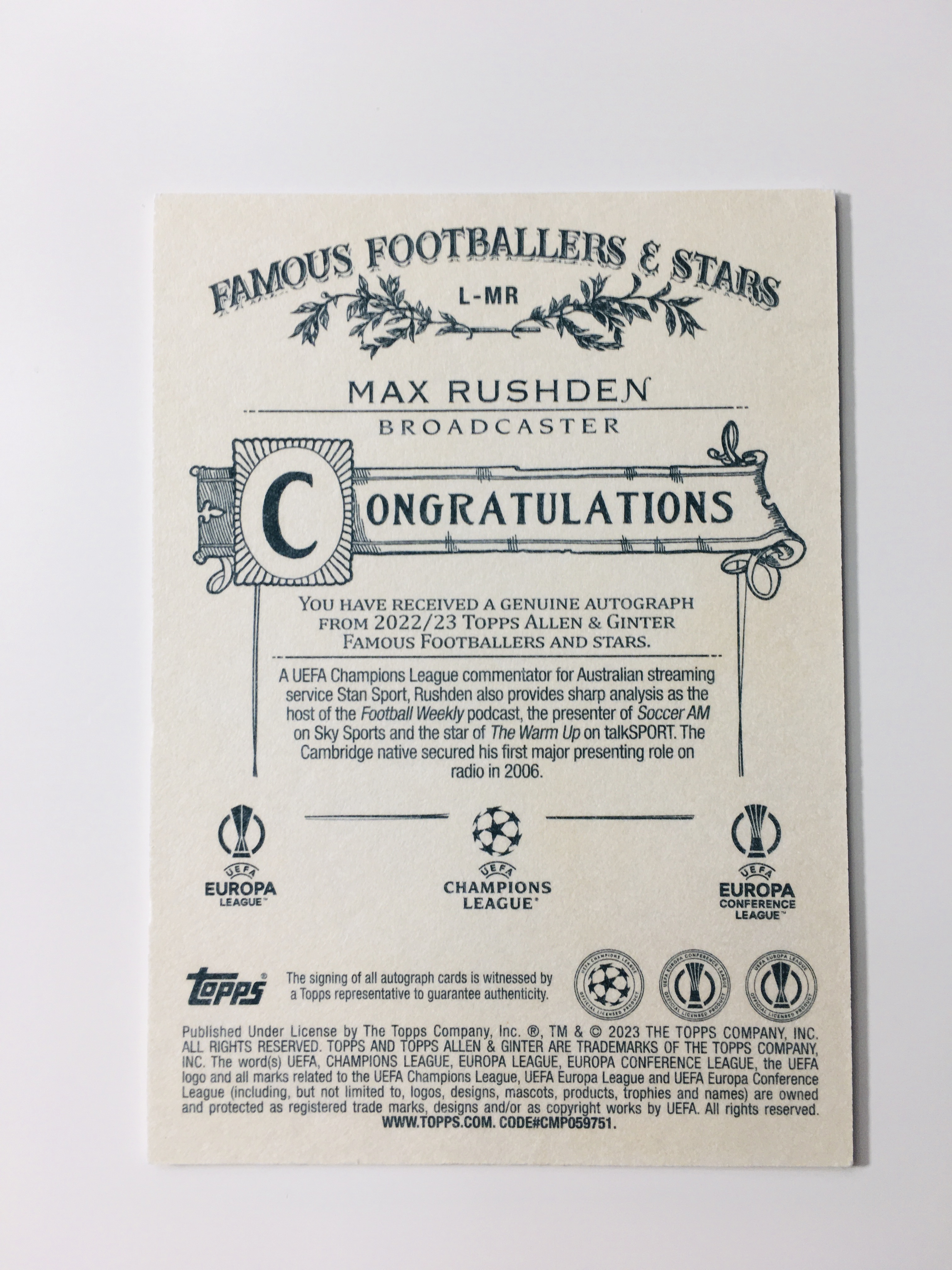 【CHILL官方代拍】佑哥012 2024 Topps UCC欧战 插入Allen & Ginter 主持人 足球评论员 Max ...