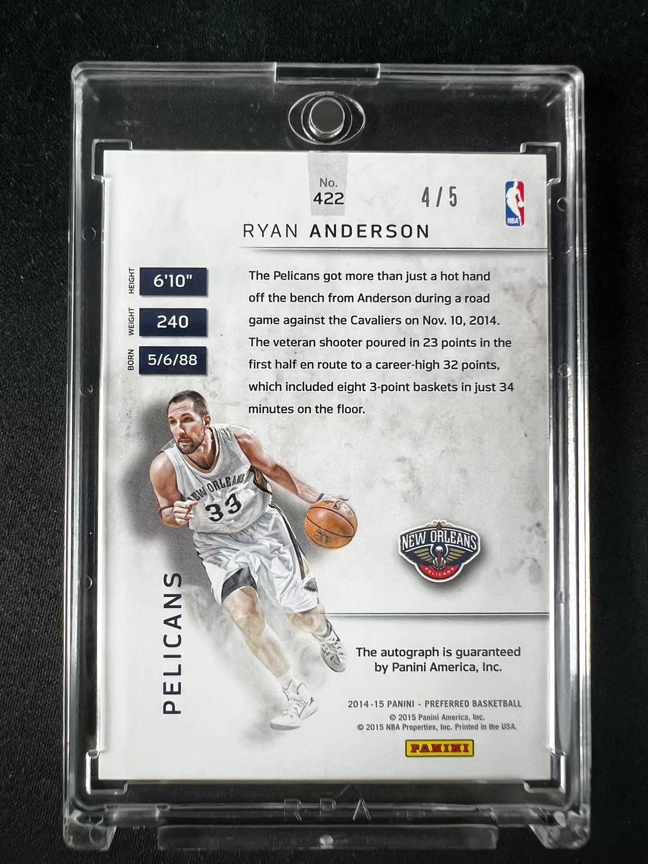 2014-15 Panini Preferred Ryan Anderson 帕尼尼 莱恩 安德森 鹈鹕 带编 低编 5编 签字 卡签 火箭 ...
